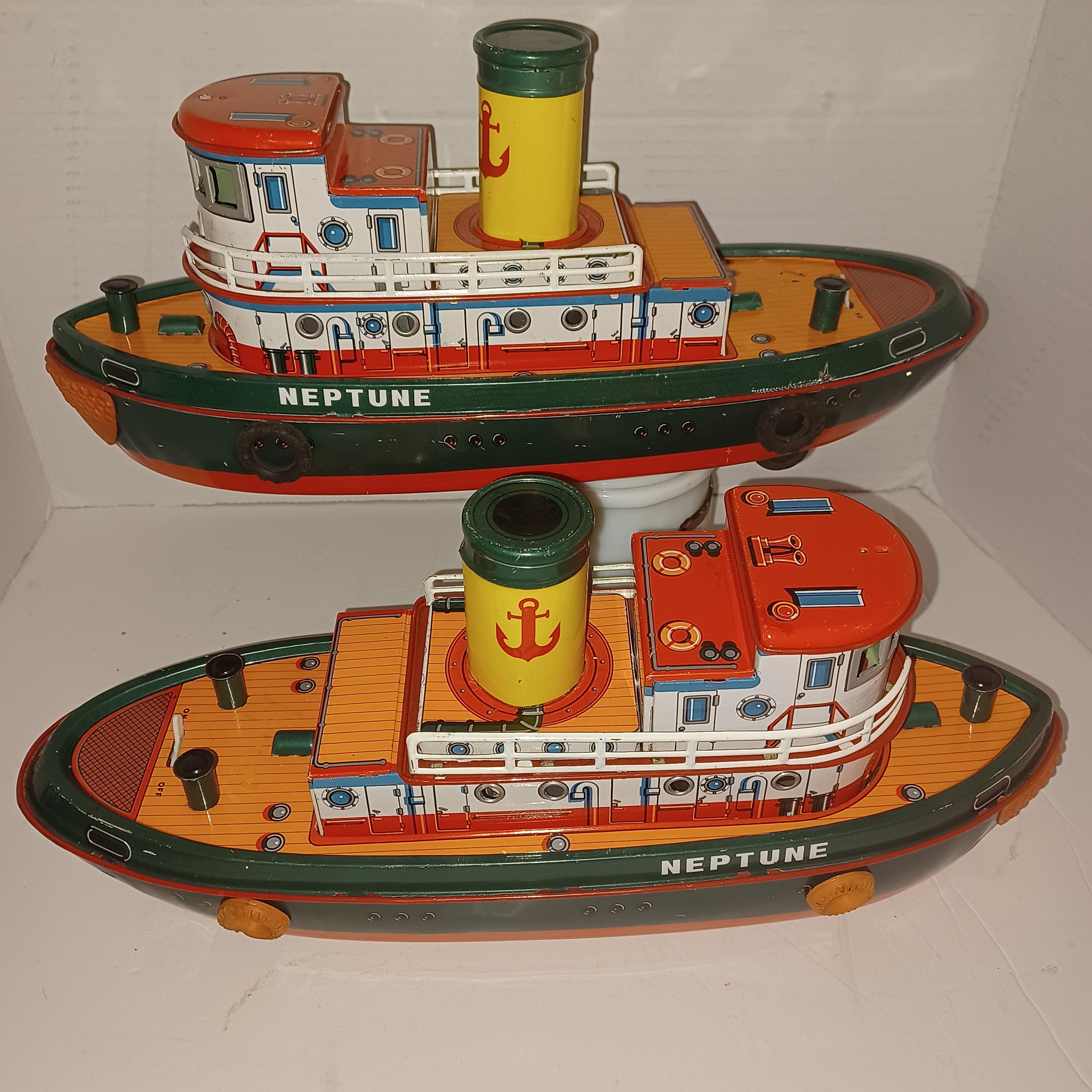 2 Vintage Tin Litho Neptune Tugboat Toys Battery Operated Bump N Go ...